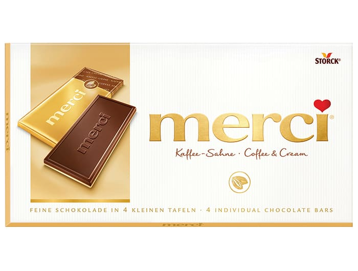 Merci Milk chocolate with coffee flavor (55%) and white chocolate (45% ...
